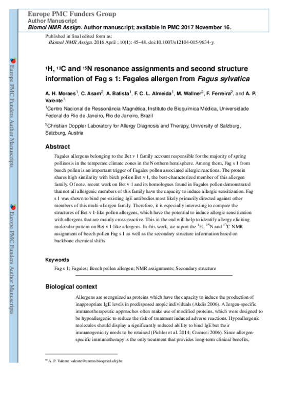 (PDF) 1H, 13C and 15N resonance assignments and second structure information of Fag s 1: Fagales ...
