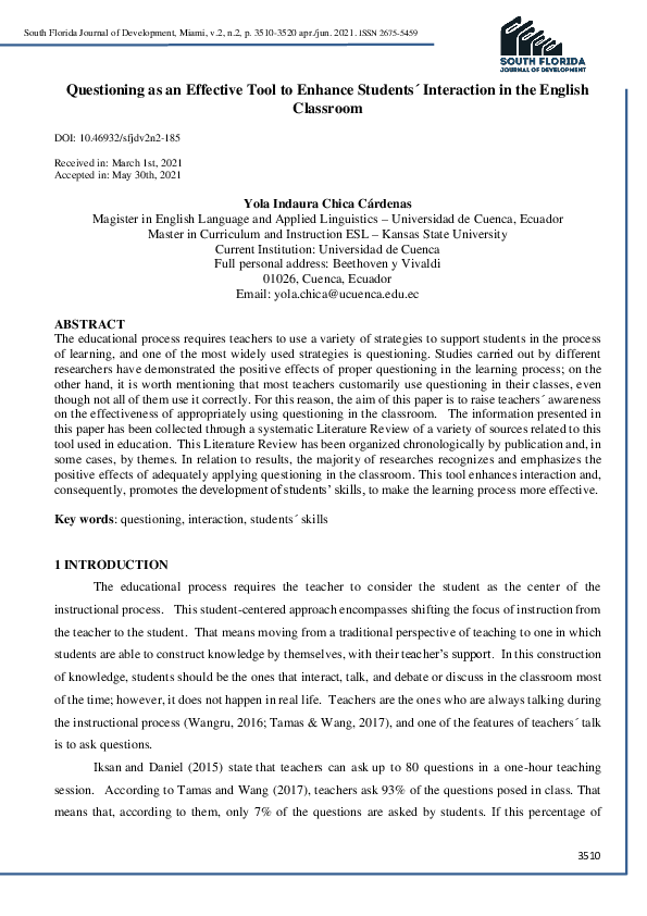 (PDF) Questioning as an Effective Tool to Enhance Students´ Interaction ...