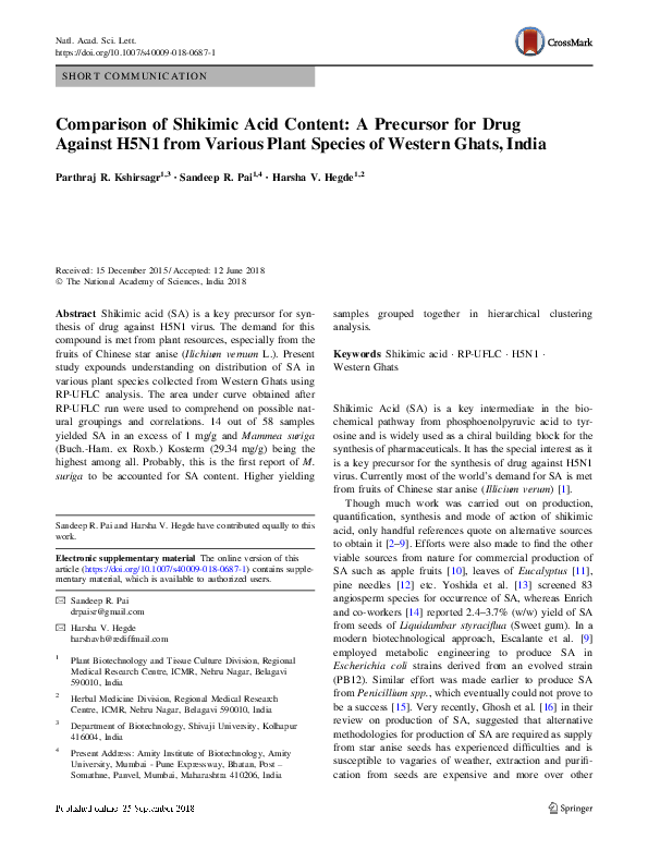 (PDF) Comparison of Shikimic Acid Content: A Precursor for Drug Against H5N1 from Various Plant ...