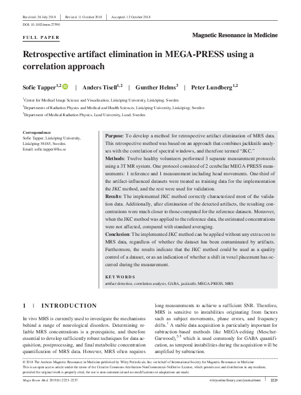 Pdf Retrospective Artifact Elimination In Mega‐press Using A Correlation Approach