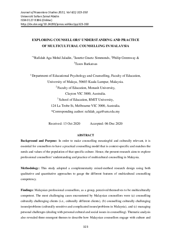 (PDF) Exploring Counsellors’ Understanding and Practice of Multicultural Counselling in Malaysia
