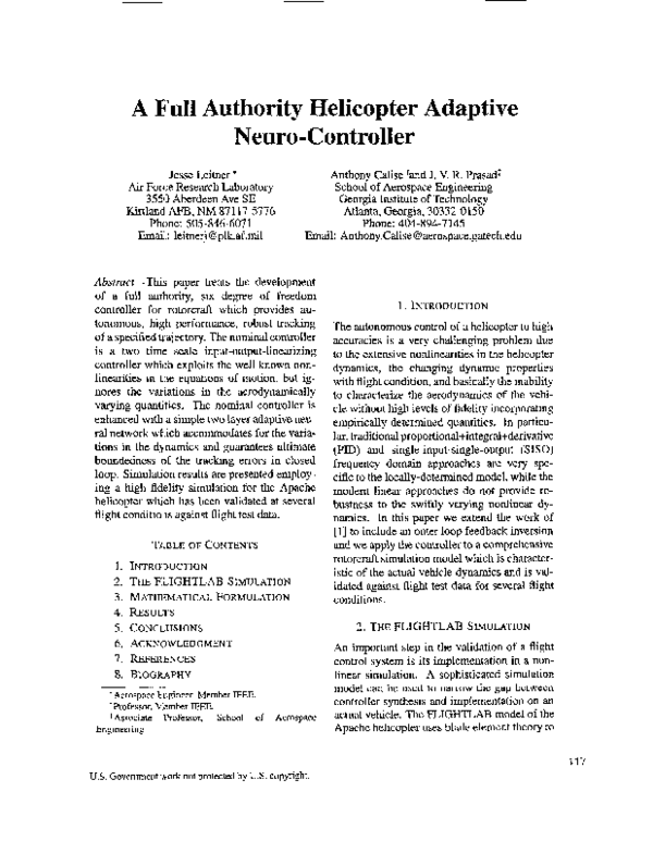 (PDF) A full authority helicopter adaptive neuro-controller