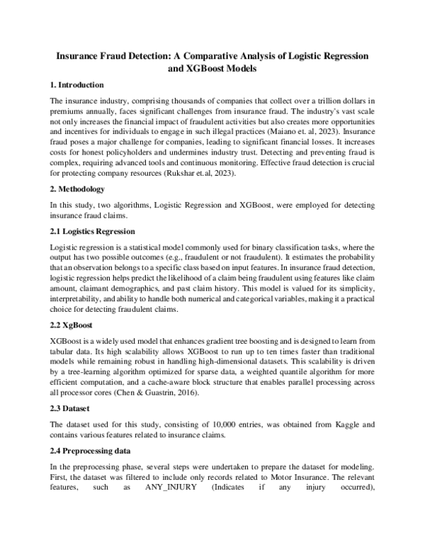 (PDF) Insurance Fraud Detection: A Comparative Analysis of Logistic Regression and XGBoost Models