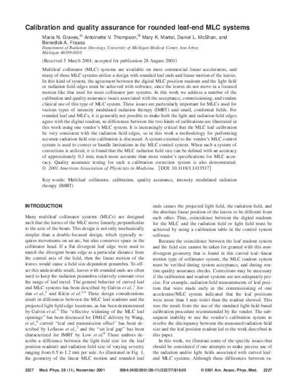 (PDF) Calibration and quality assurance for rounded leaf-end MLC systems