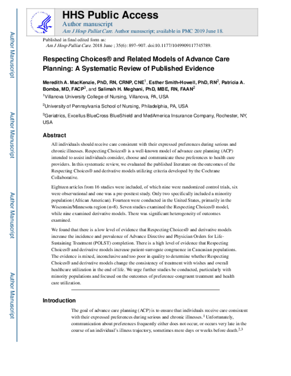 (PDF) Respecting Choices and Related Models of Advance Care Planning: A ...