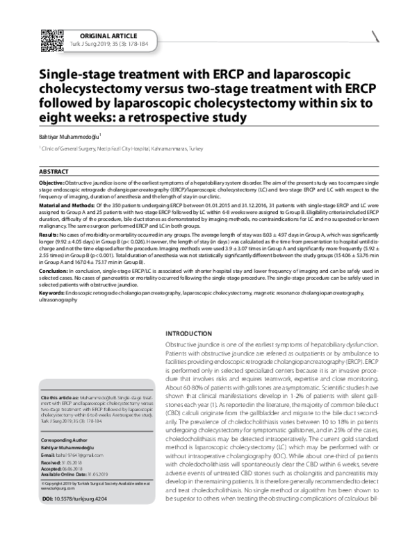 (PDF) Single-stage treatment with ERCP and laparoscopic cholecystectomy ...
