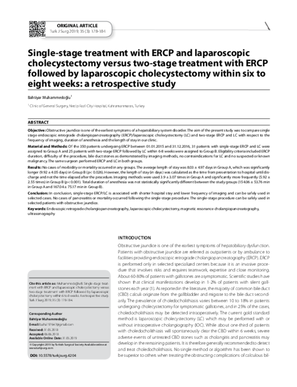 (PDF) Single-stage treatment with ERCP and laparoscopic cholecystectomy ...