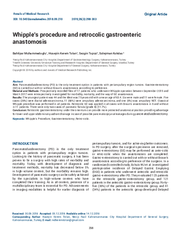 (PDF) Whipple's procedure and retrocolic gastroenteric anastomosis