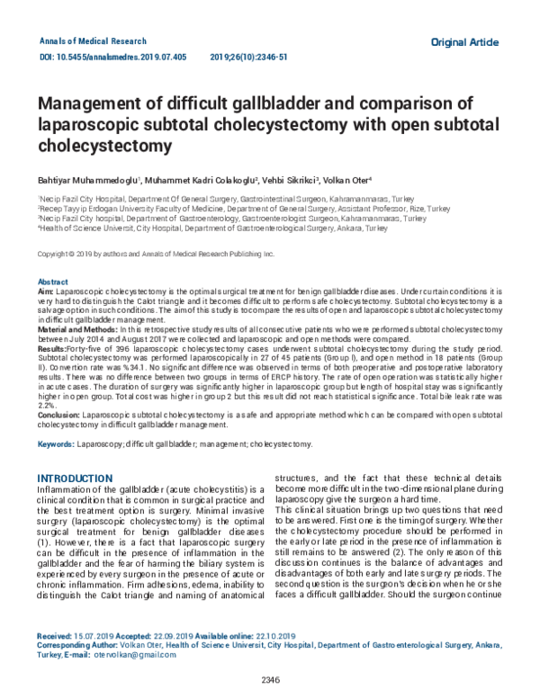 (PDF) Management of difficult gallbladder and comparison of ...
