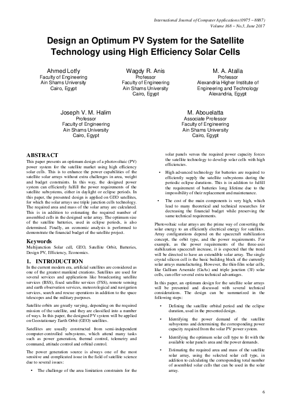 (PDF) Design an Optimum PV System for the Satellite Technology using High Efficiency Solar Cells