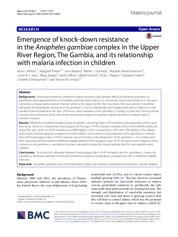 (PDF) Emergence of knock-down resistance in the Anopheles gambiae complex in the Upper River ...
