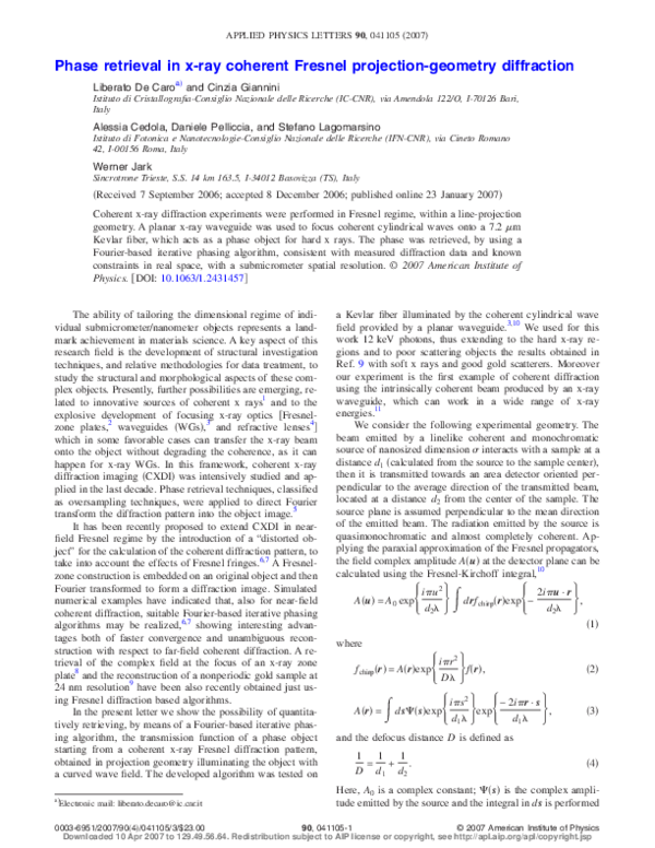 (PDF) Phase retrieval in x-ray coherent Fresnel projection-geometry diffraction