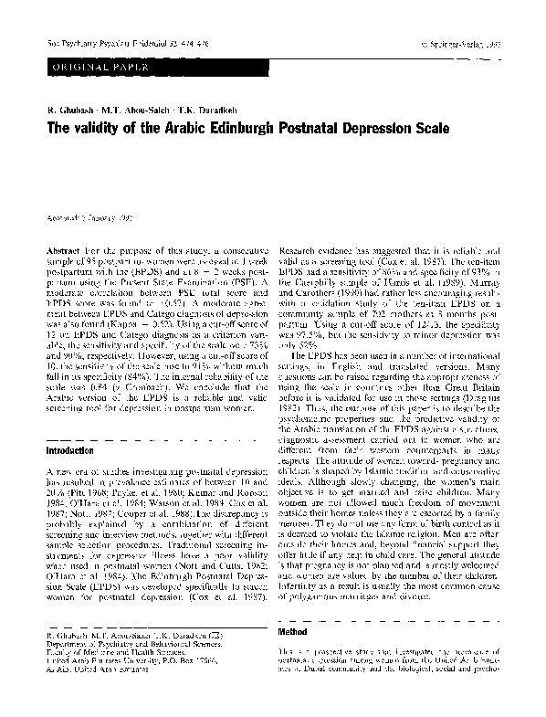 (PDF) The validity of the Arabic Edinburgh Postnatal Depression Scale