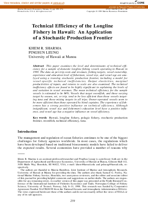 (PDF) Technical Efficiency of the Longline Fishery in Hawaii: An Application of a Stochastic ...