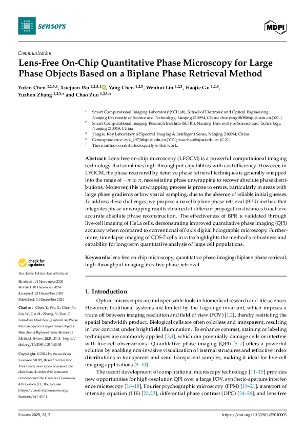 (PDF) Lens-Free On-Chip Quantitative Phase Microscopy for Large Phase Objects Based on a Biplane ...