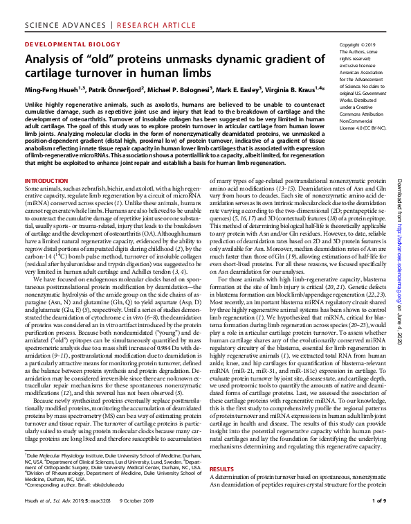 (PDF) Analysis of “old” proteins unmasks dynamic gradient of cartilage turnover in human limbs