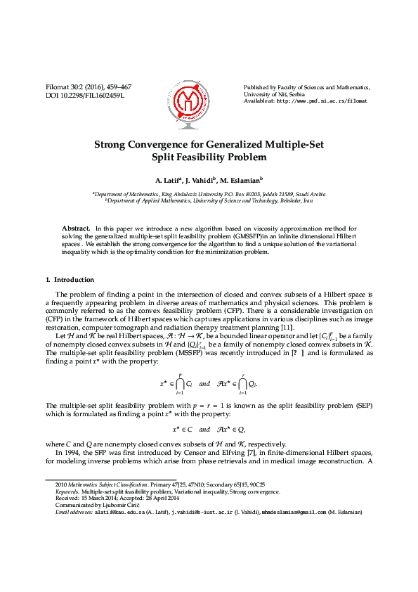 (PDF) Strong convergence for generalized multiple-set split feasibility ...
