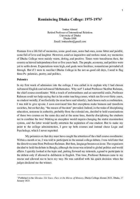 (PDF) Reminiscing Dhaka College: 1975-1976