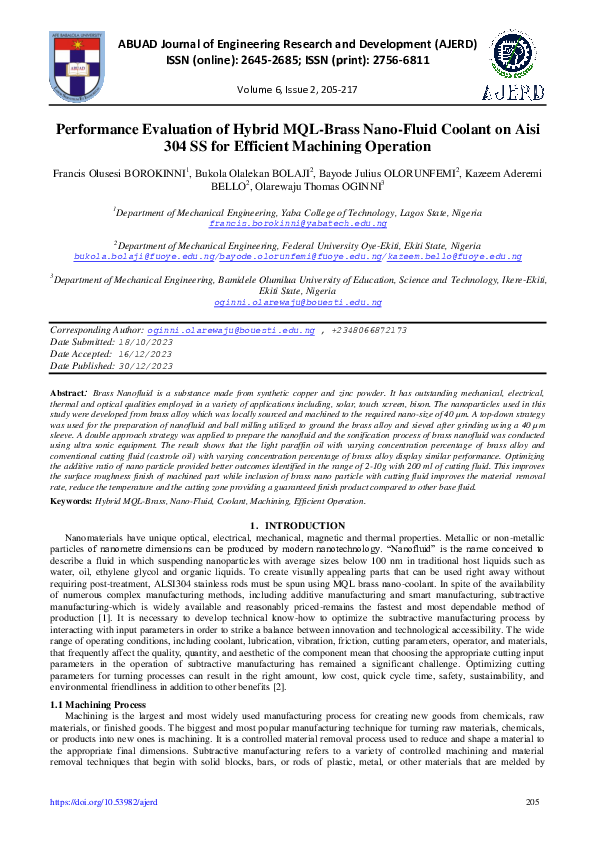 (PDF) Performance Evaluation of Hybrid MQL-Brass Nano-Fluid Coolant on Aisi 304 SS for Efficient ...