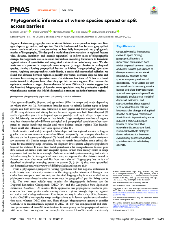 (PDF) Phylogenetic inference of where species spread or split across barriers