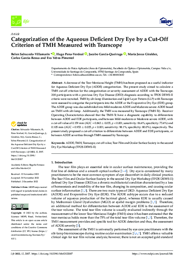 (PDF) Categorization of the Aqueous Deficient Dry Eye by a Cut-Off ...