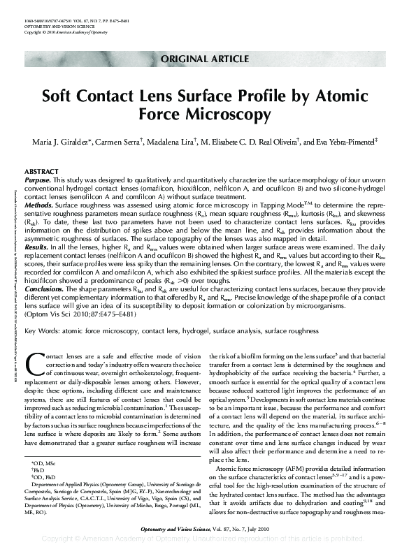(PDF) Soft Contact Lens Surface Profile by Atomic Force Microscopy