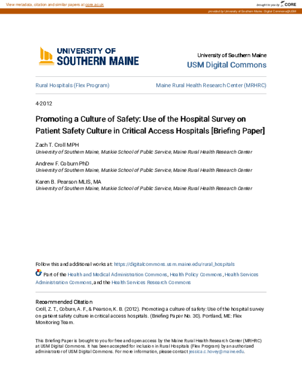 (PDF) Promoting a Culture of Safety: Use of the Hospital Survey on Patient Safety Culture in ...