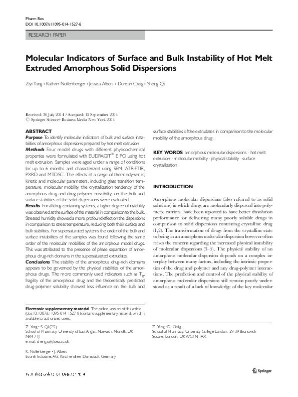 (PDF) Molecular Indicators of Surface and Bulk Instability of Hot Melt Extruded Amorphous Solid ...