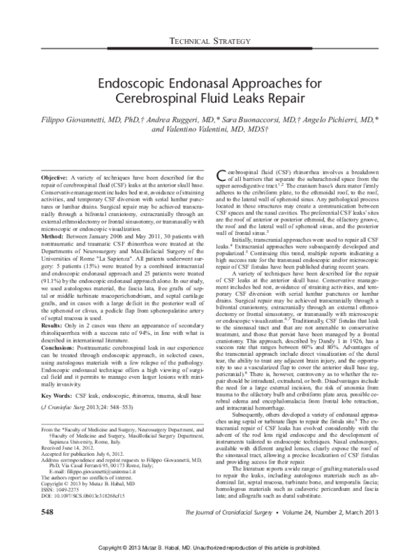 (PDF) Endoscopic Endonasal Approaches for Cerebrospinal Fluid Leaks Repair