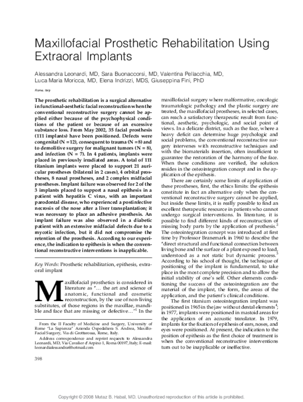 (PDF) Maxillofacial Prosthetic Rehabilitation Using Extraoral Implants
