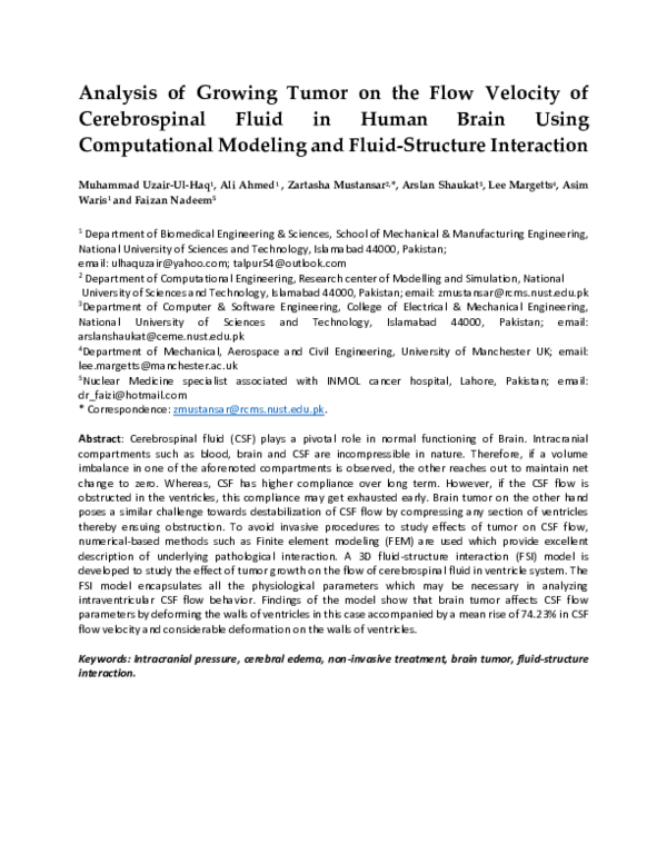 (PDF) Analysis of Growing Tumor on the Flow Velocity of Cerebrospinal Fluid in Human Brain Using ...