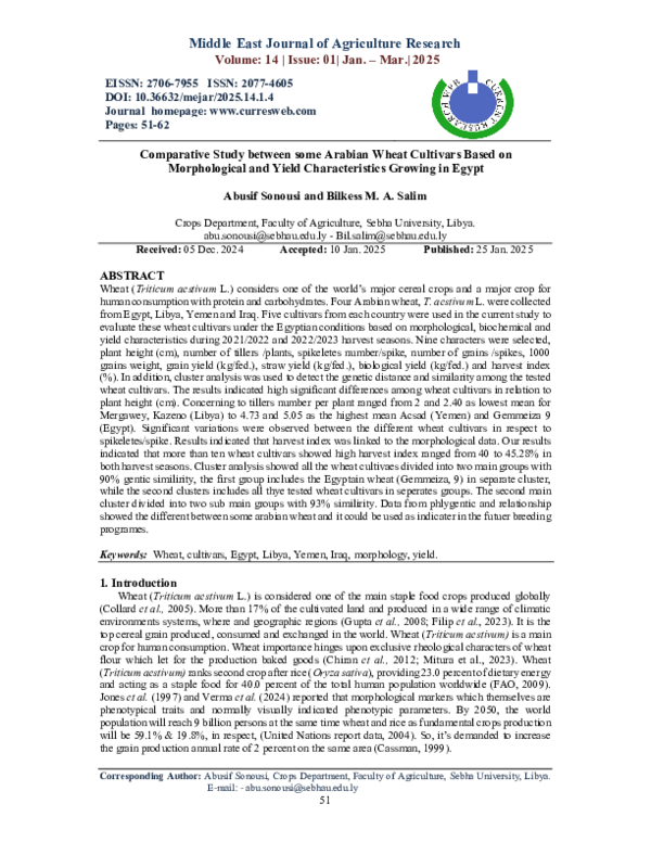 (PDF) Comparative Study between some Arabian Wheat Cultivars Based on Morphological and Yield ...