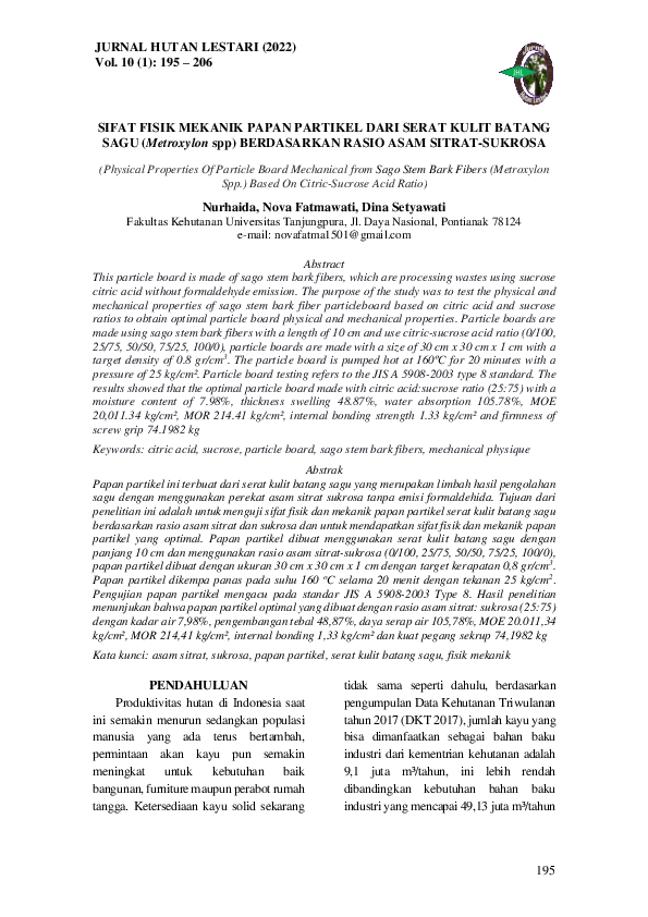 (PDF) SIFAT FISIK MEKANIK PAPAN PARTIKEL DARI SERAT KULIT BATANG SAGU ...