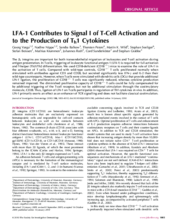 (PDF) LFA-1 Contributes to Signal I of T-Cell Activation and to the ...