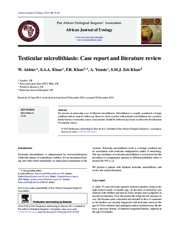 Pdf Testicular Microlithiasis Case Report And Literature Review