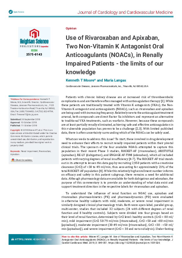(PDF) Use of Rivaroxaban and Apixaban, Two Non-Vitamin K Antagonist ...
