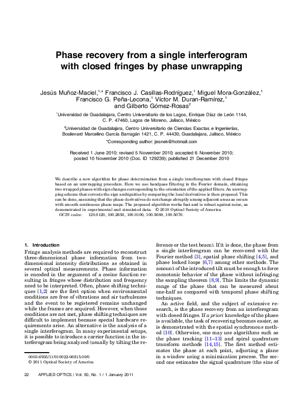 (PDF) Phase recovery from a single interferogram with closed fringes by phase unwrapping