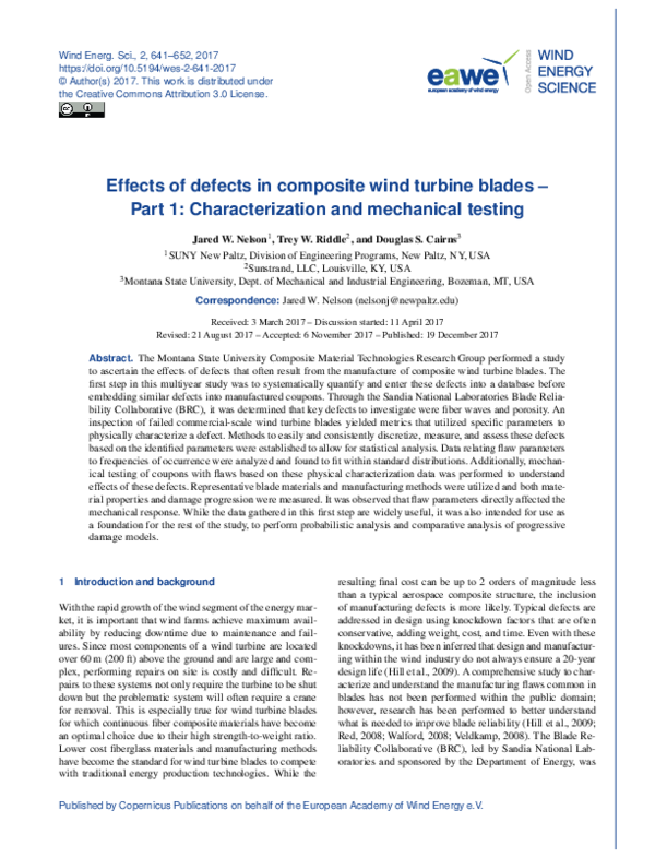 (PDF) Effects of defects in composite wind turbine blades – Part 1: Characterization and ...