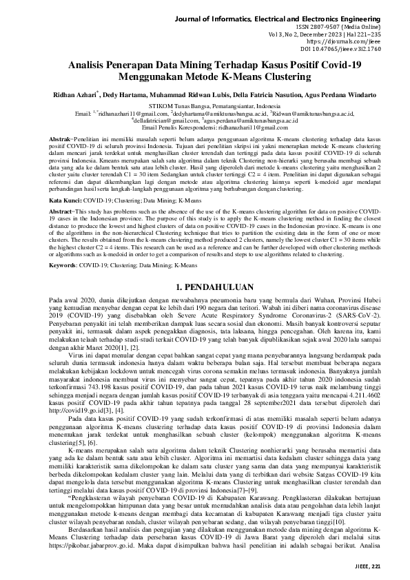 (PDF) Analisis Penerapan Data Mining Terhadap Kasus Positif Covid-19 Menggunakan Metode K-Means ...