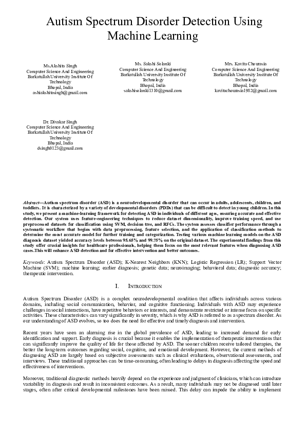 (PDF) Autism Spectrum Disorder Detection Using Machine Learning