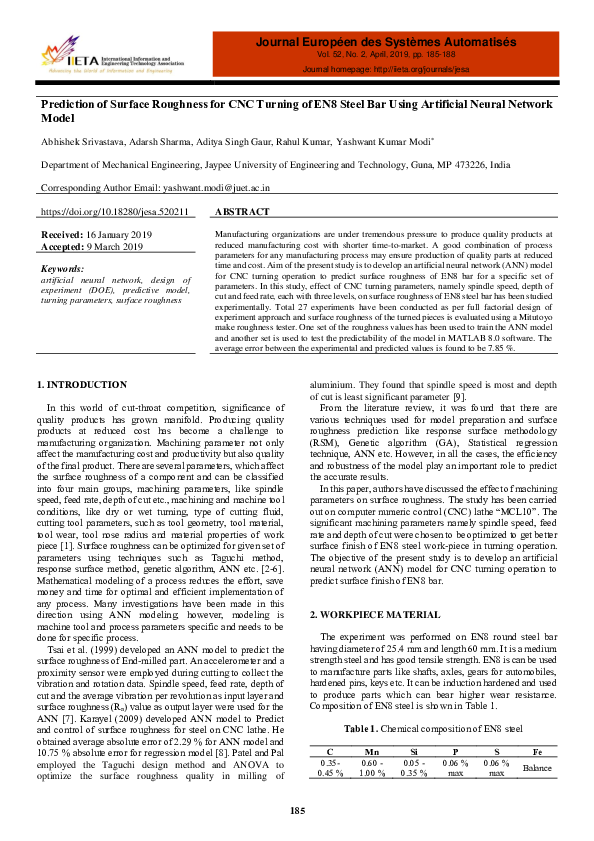 (PDF) Prediction of Surface Roughness for CNC Turning of EN8 Steel Bar Using Artificial Neural ...
