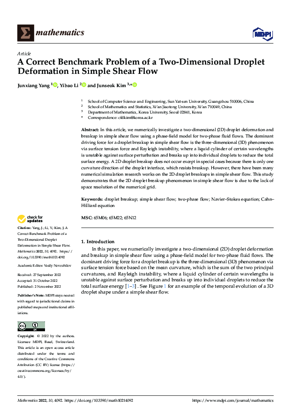 (PDF) A Correct Benchmark Problem of a Two-Dimensional Droplet Deformation in Simple Shear Flow