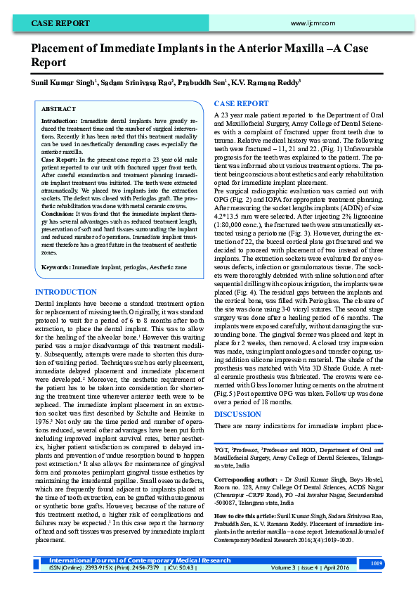 (PDF) Placement of Immediate Implants in the Anterior Maxilla –A Case Report