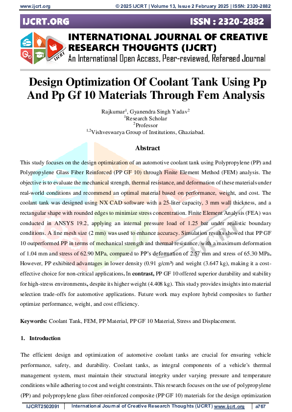 (PDF) Design Optimization Of Coolant Tank Using Pp And Pp Gf 10 Materials Through Fem Analysis