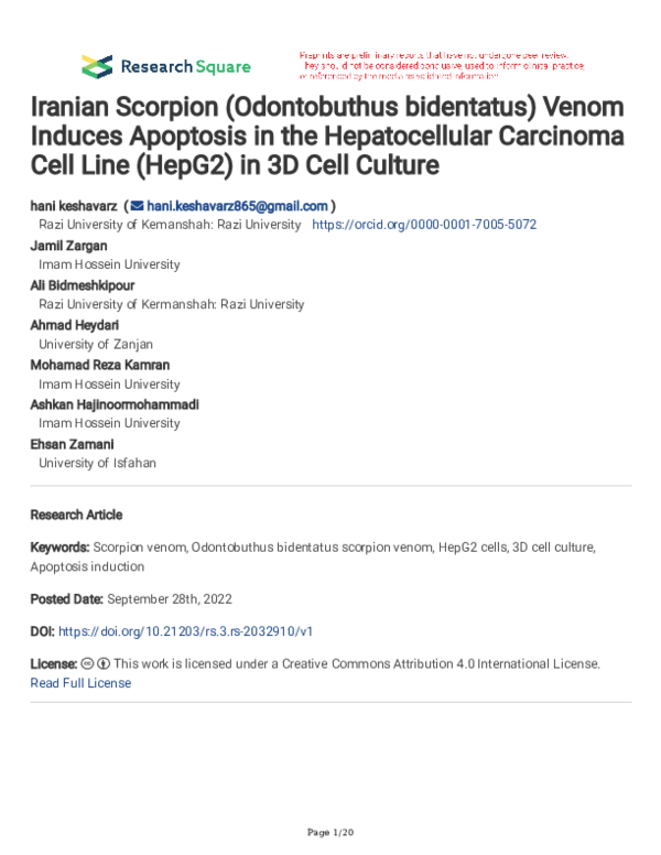 (PDF) Iranian Scorpion (Odontobuthus bidentatus) Venom Induces ...