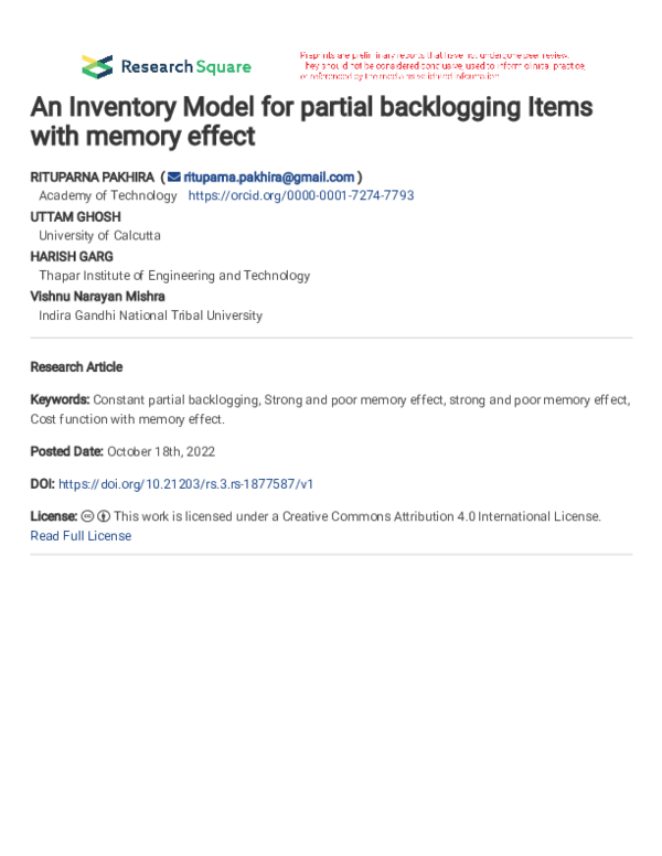(PDF) An Inventory Model for partial backlogging Items with memory effect
