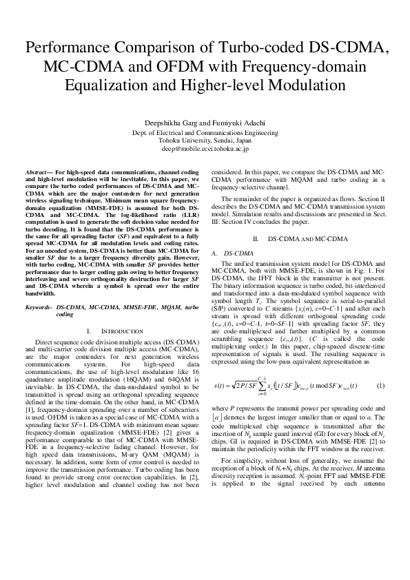 Pdf Performance Comparison Of Turbo Coded Ds Cdma Mc Cdma And Ofdm With Frequency Domain