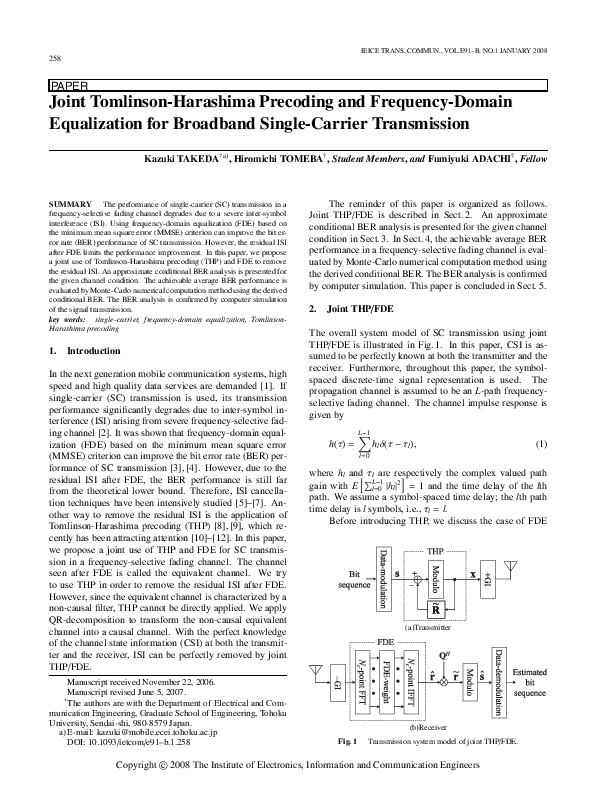 (PDF) Joint Tomlinson-Harashima Precoding and Frequency-Domain ...