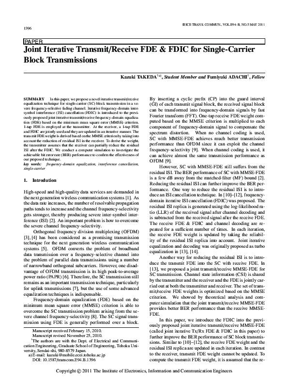 (PDF) Joint Iterative Transmit/Receive FDE & FDIC for Single-Carrier Block Transmissions