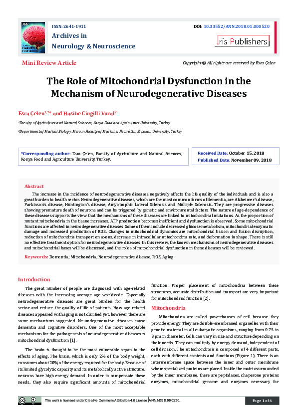 (PDF) The Role of Mitochondrial Dysfunction in theMechanism of Neurodegenerative Diseases